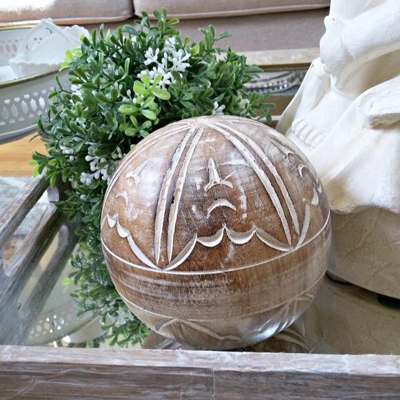 Boutique | Accents | New Solid Carved Wood Decorative Sphere Decor ...